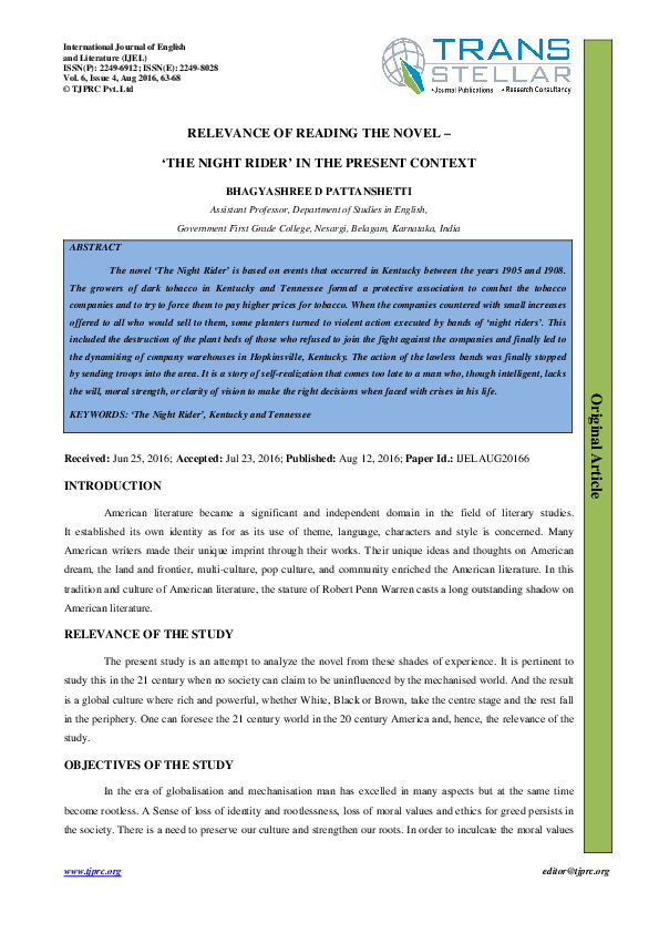 (PDF) RELEVANCE OF READING THE NOVEL – 'THE NIGHT RIDER' IN THE PRESENT ...