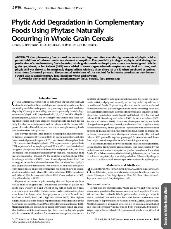 (PDF) Phytic Acid Degradation in Complementary Foods Using Phytase ...