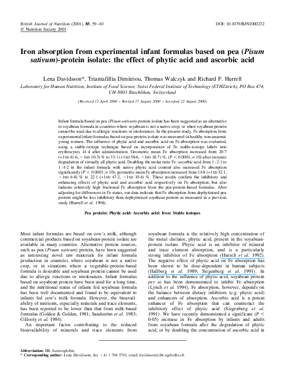 (PDF) Iron absorption from experimental infant formulas based on pea ...