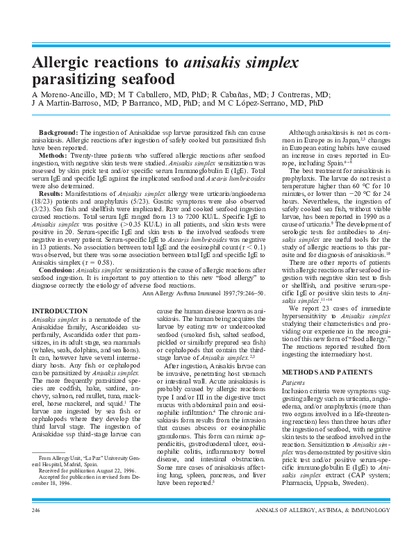 (PDF) Allergic Reactions to Anisakis simplex Parasitizing Seafood