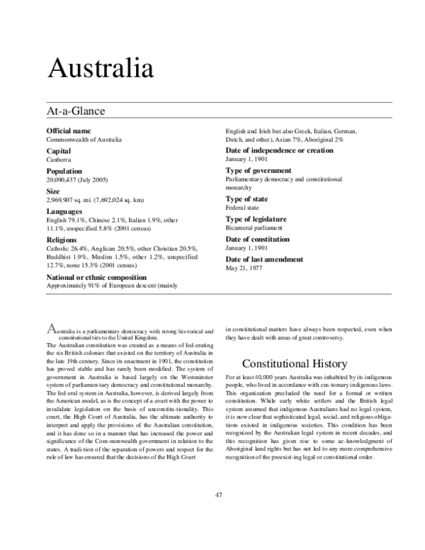 (PDF) Australia At-a-Glance Date of independence or creation Type of ...