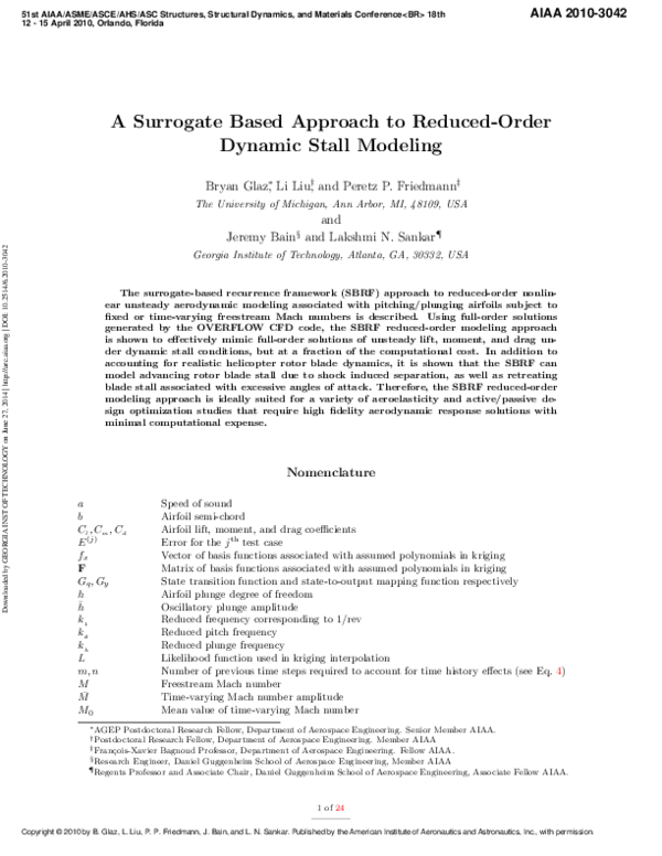 Pdf A Surrogate Based Approach To Reduced Order Dynamic Stall Modeling