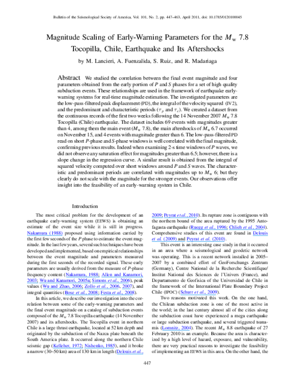 Pdf Magnitude Scaling Of Early Warning Parameters For The Mw 7 8 Tocopilla Chile Earthquake