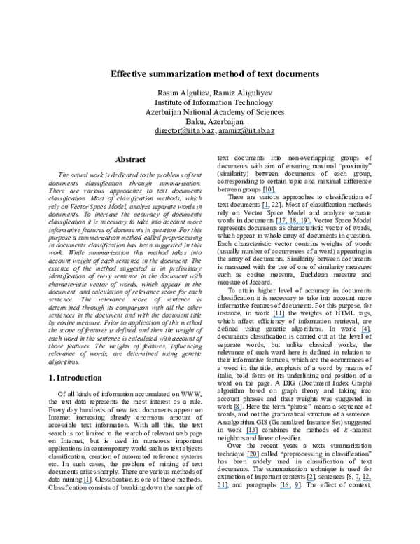 (PDF) Effective Summarization Method of Text Documents
