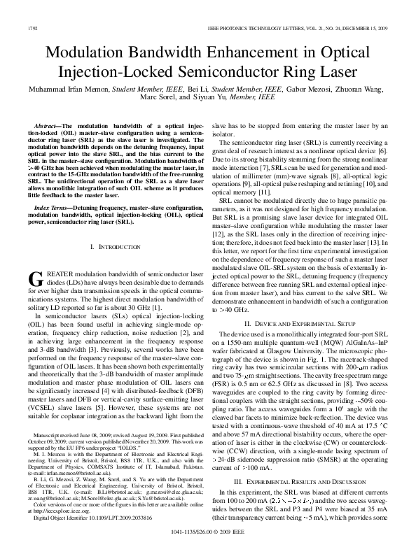 (PDF) Modulation Bandwidth Enhancement in Optical Injection-Locked Semiconductor Ring Laser