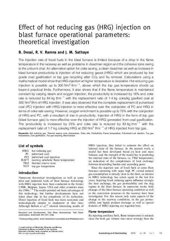 (PDF) Effect of hot reducing gas (HRG) injection on blast furnace ...