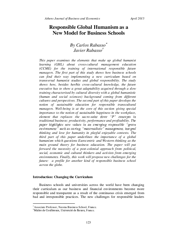 (PDF) Responsible Global Humanism as a New Model for Business Schools