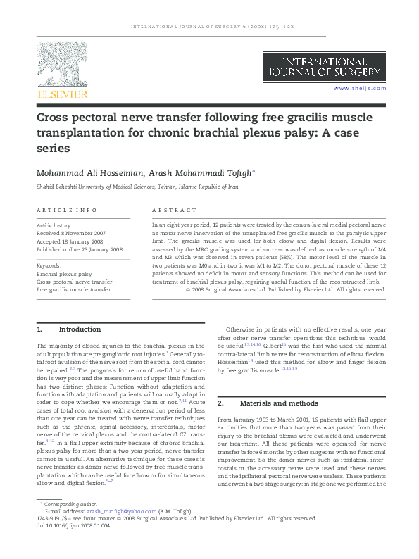 (PDF) Cross pectoral nerve transfer following free gracilis muscle ...