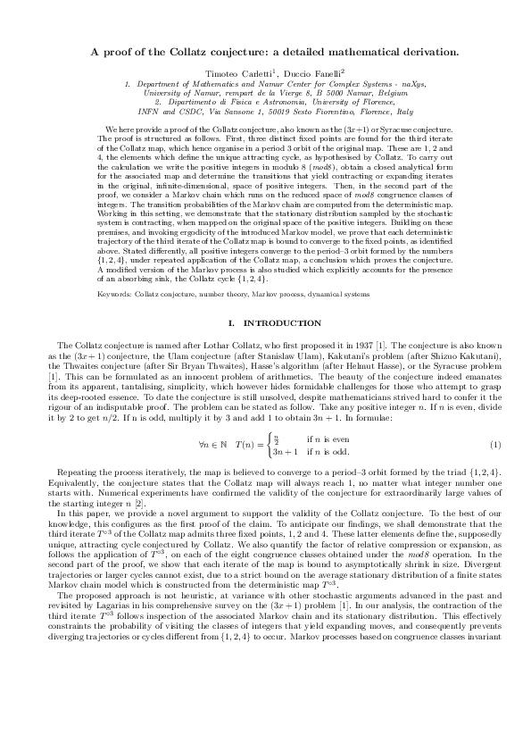 (PDF) A proof of the Collatz conjecture: a detailed mathematical derivation