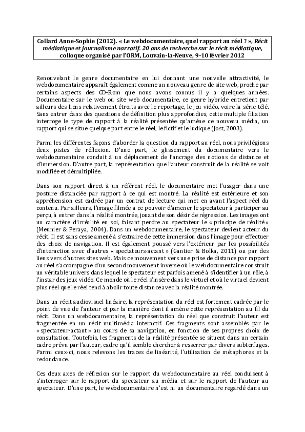 (PDF) Le webdocumentaire, quel rapport au réel ? | Anne-sophie Collard - Academia.edu