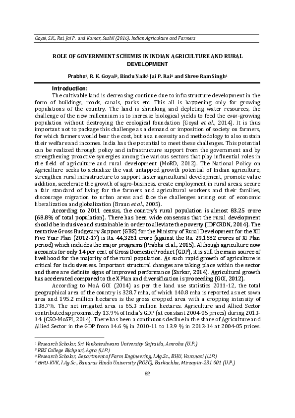 (PDF) ROLE OF GOVERNMENT SCHEMES IN INDIAN AGRICULTURE AND RURAL ...