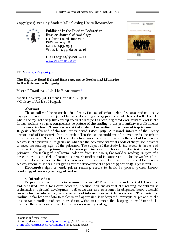 (PDF) The Right to Read Behind Bars: Access to Books and Libraries in ...