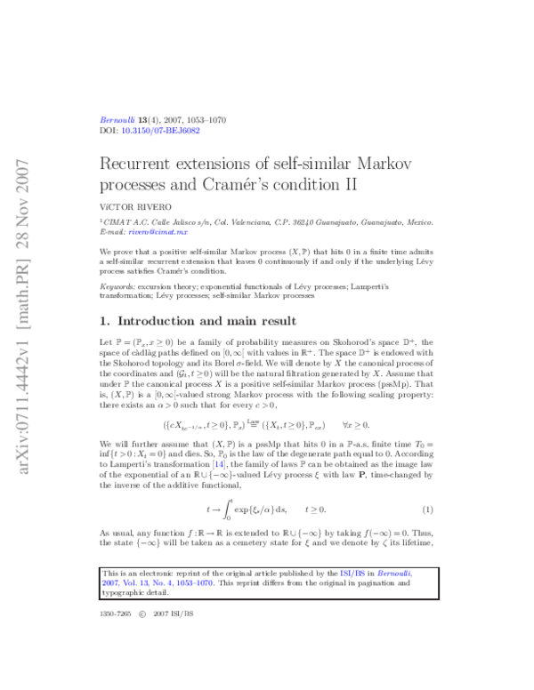Pdf Recurrent Extensions Of Self Similar Markov Processes And Cramér