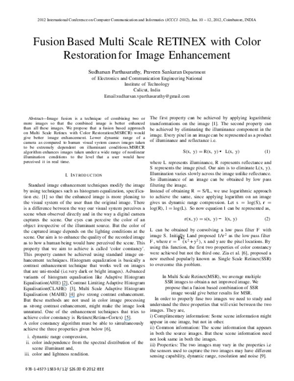 Pdf Fusion Based Multi Scale Retinex With Color Restoration For Image Enhancement