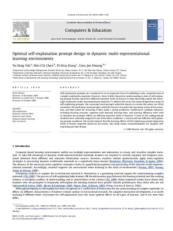 (PDF) Optimal self-explanation prompt design in dynamic multi-representational learning environments