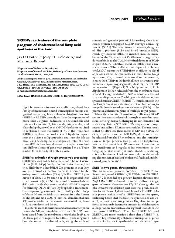 (PDF) SREBPs: activators of the complete program of cholesterol and fatty acid synthesis in the ...