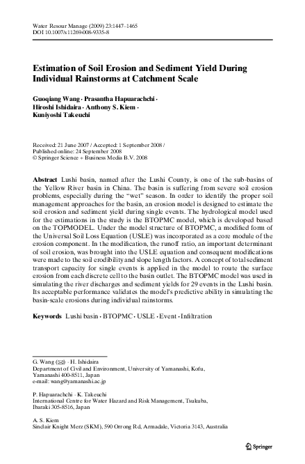 (PDF) Estimation of Soil Erosion and Sediment Yield During Individual Rainstorms at Catchment Scale