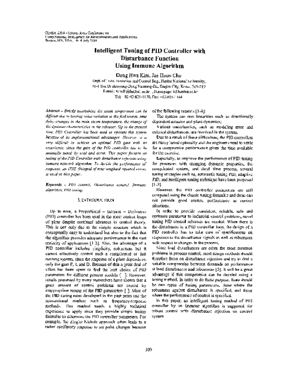(PDF) Intelligent tuning of PID Controller with disturbance function using immune algorithm