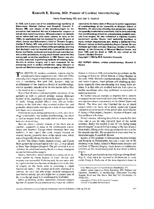 (PDF) Kenneth K. Keown, MD: Pioneer of cardiac anesthesiology