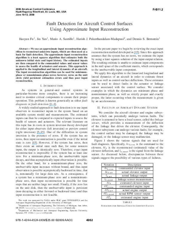 (PDF) Fault detection for aircraft control surfaces using approximate input reconstruction