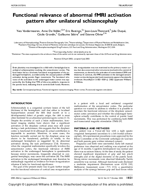 (PDF) Functional relevance of abnormal fMRI activation pattern after unilateral schizencephaly