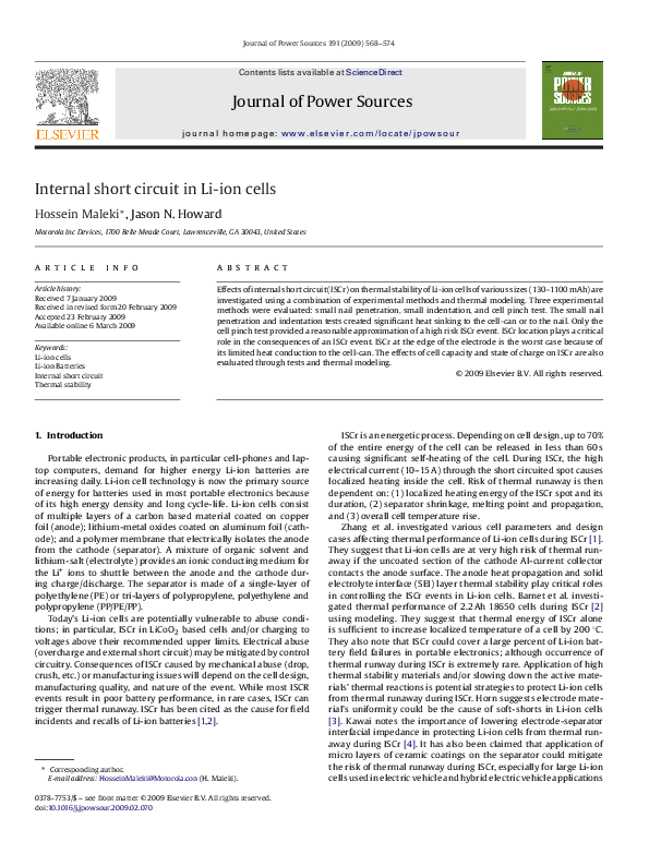 (PDF) Internal short circuit in Li-ion cells