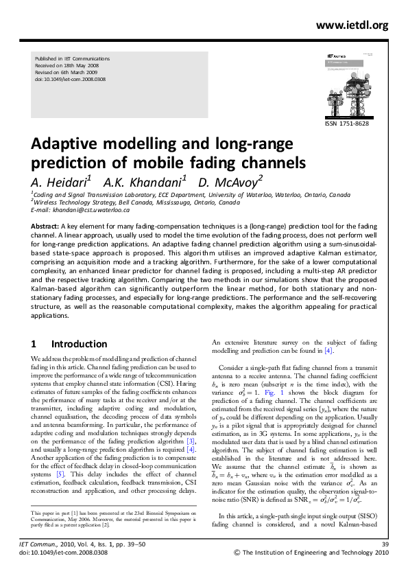 (PDF) Adaptive modelling and long-range prediction of mobile fading channels
