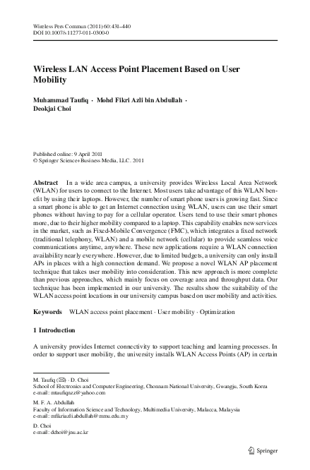 (PDF) Wireless LAN Access Point Placement Based on User Mobility