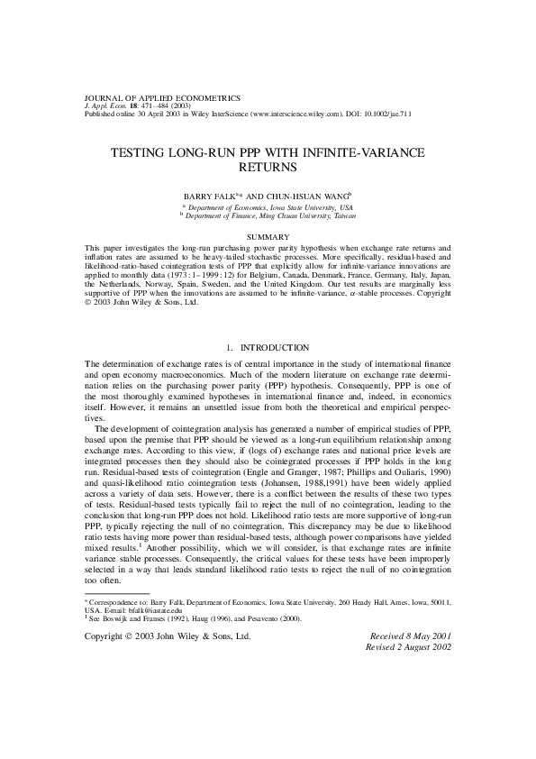 (PDF) Testing Long-Run Ppp with Infinite-Variance Returns