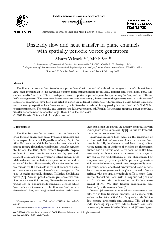 (PDF) Unsteady flow and heat transfer in plane channels with spatially periodic vortex generators