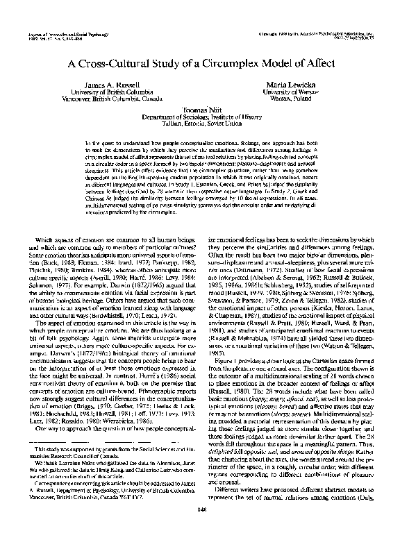 (PDF) A Cross-Cultural Study of a Circumplex Model of Affect
