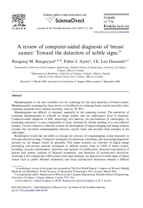 (PDF) A review of computer-aided diagnosis of breast cancer: Toward the detection of subtle signs