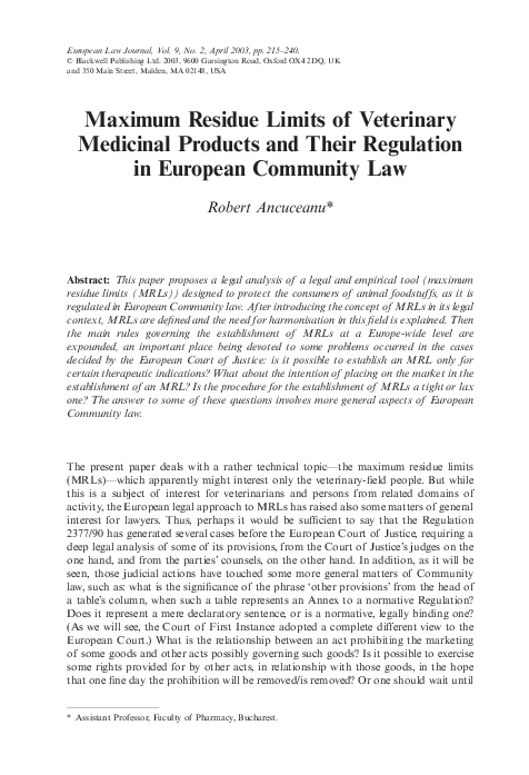 (PDF) Maximum Residue Limits of Veterinary Medicinal Products and Their ...