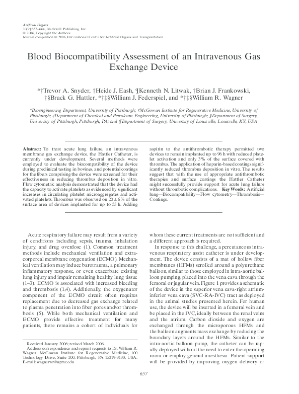 Blood Biocompatibility Assessment of an Intravenous Gas Exchange Device
