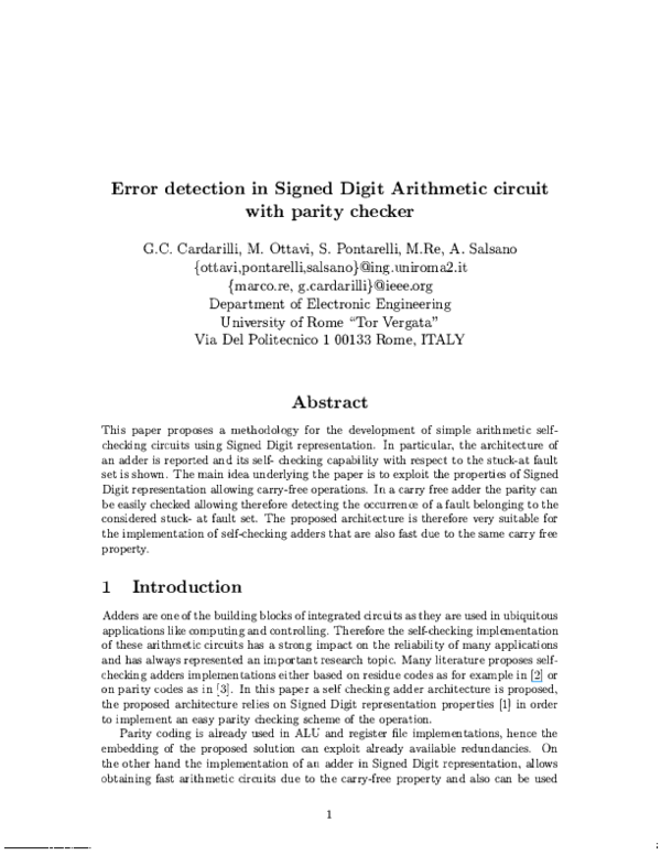 Pdf Error Detection In Signed Digit Arithmetic Circuit With Parity Checker