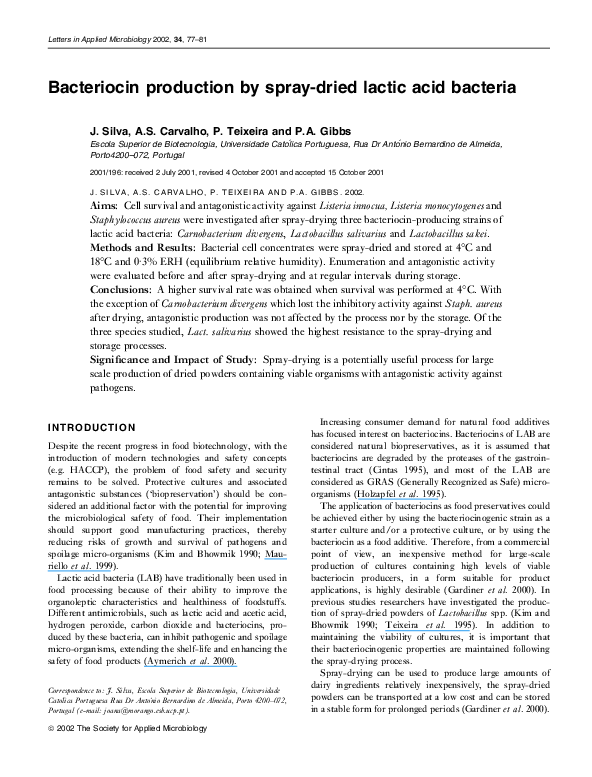 (PDF) Bacteriocin production by spray-dried lactic acid bacteria