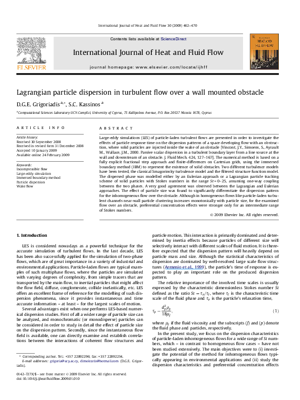 (PDF) Lagrangian particle dispersion in turbulent flow over a wall mounted obstacle