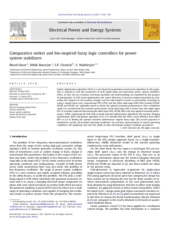 (PDF) Comparative seeker and bio-inspired fuzzy logic controllers for power system stabilizers