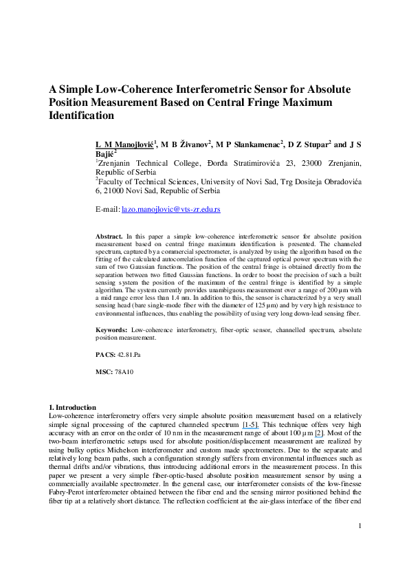 (PDF) A simple low-coherence interferometric sensor for absolute position measurement based on ...