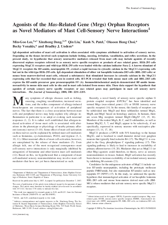 (PDF) Agonists of the Mas-Related Gene (Mrgs) Orphan Receptors as Novel ...