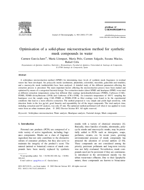 Pdf Optimisation Of A Solid Phase Microextraction Method For