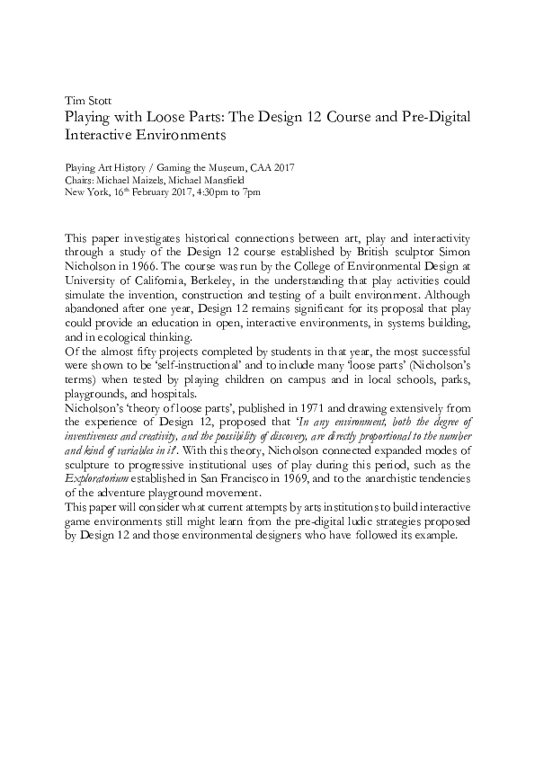 (PDF) Tim Stott, Playing with Loose Parts: The Design 12 Course and Pre ...