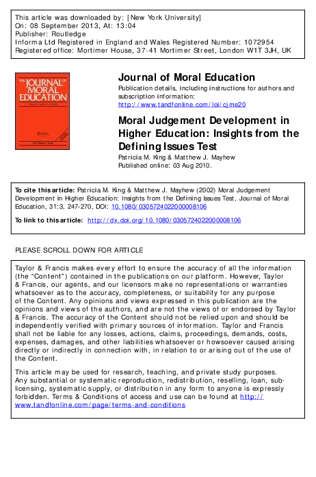(PDF) Moral Judgement Development in Higher Education: Insights from ...