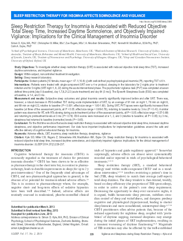(PDF) Sleep Restriction Therapy for Insomnia is Associated with Reduced ...