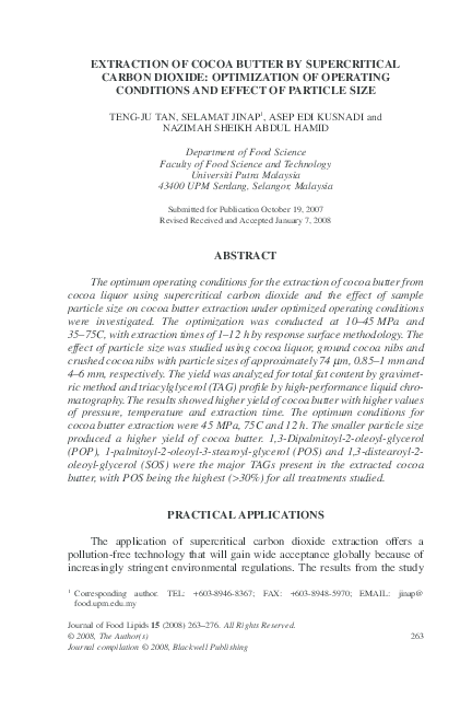 (PDF) EXTRACTION OF COCOA BUTTER BY SUPERCRITICAL CARBON DIOXIDE: OPTIMIZATION OF OPERATING ...