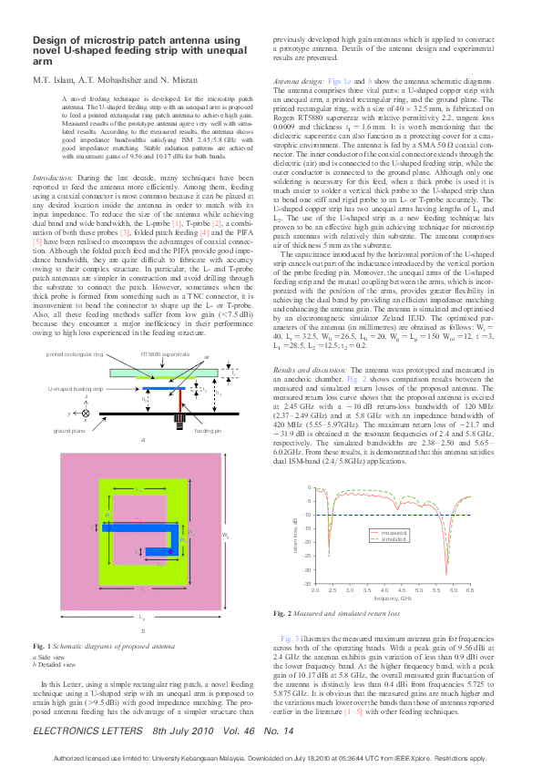 (PDF) Design of microstrip patch antenna using novel U-shaped feeding ...