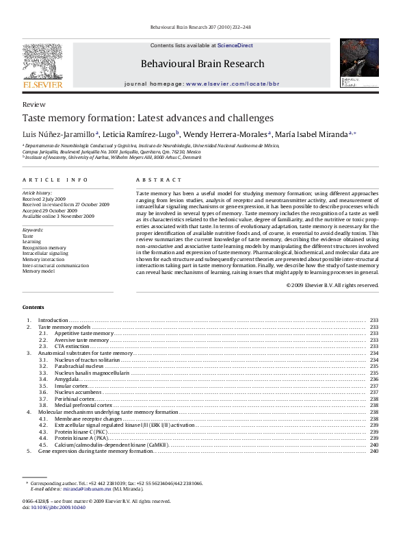 (PDF) Taste memory formation: Latest advances and challenges