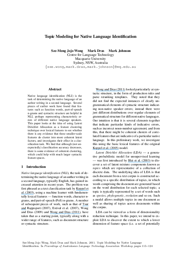 (PDF) Topic Modeling for Native Language Identification