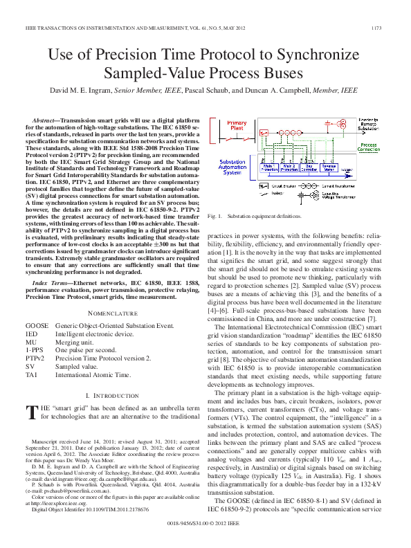 (PDF) Use of Precision Time Protocol to Synchronize Sampled-Value Process Buses