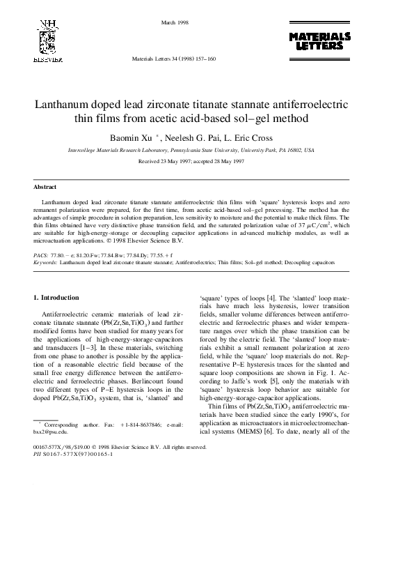 (PDF) Lanthanum doped lead zirconate titanate stannate antiferroelectric thin films from acetic ...